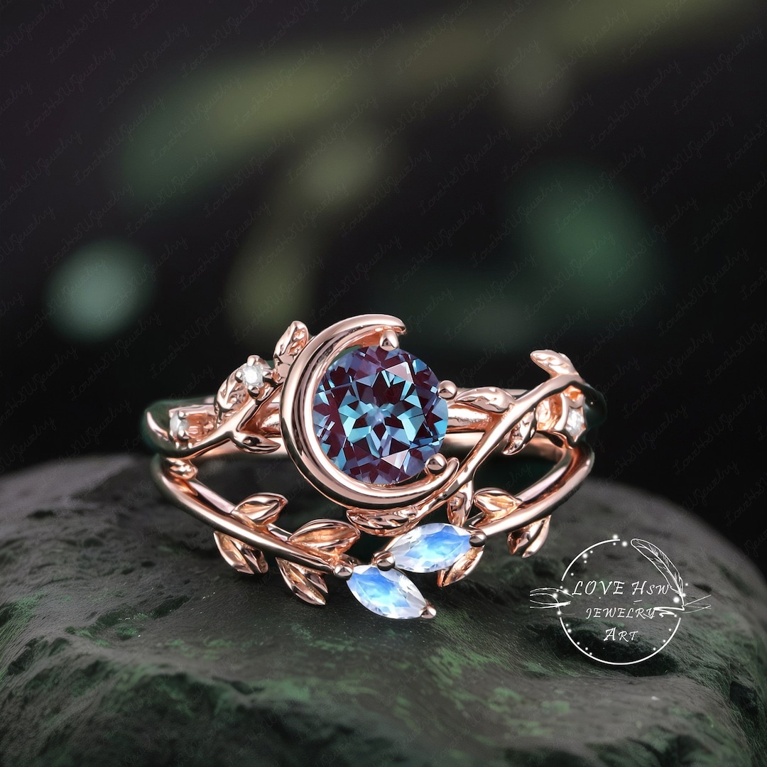 Vintage Alexandrite Engagement Ring Set Nature Inspired Bridal Sets ...