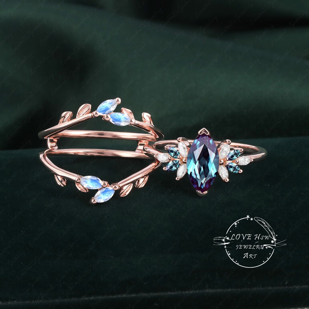 Vintage Alexandrite Engagement Ring Sets Rose Gold Unique - Etsy