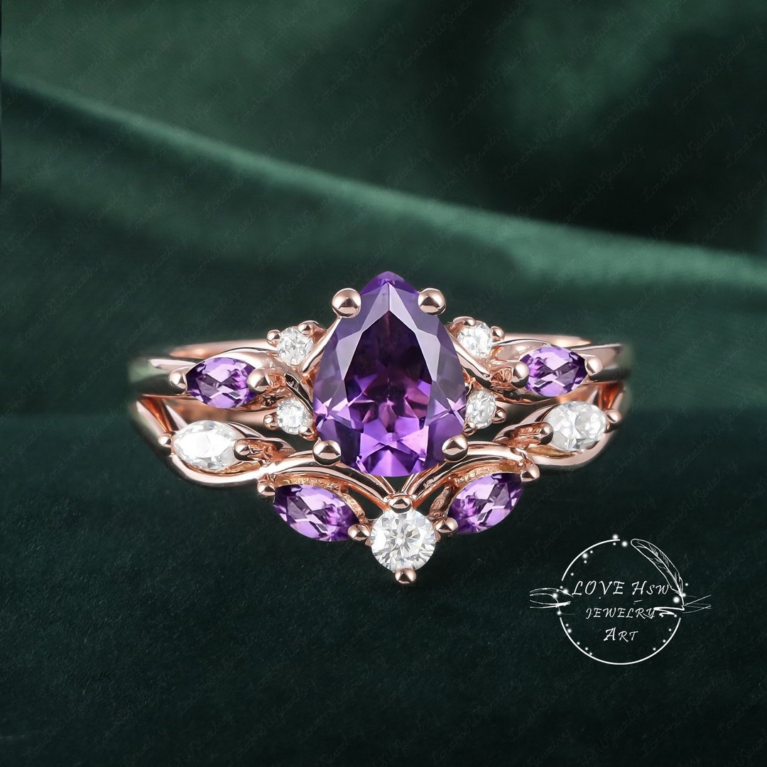 Vintage Pear Amethyst Engagement Ring Sets Rose Gold Unique Purple ...