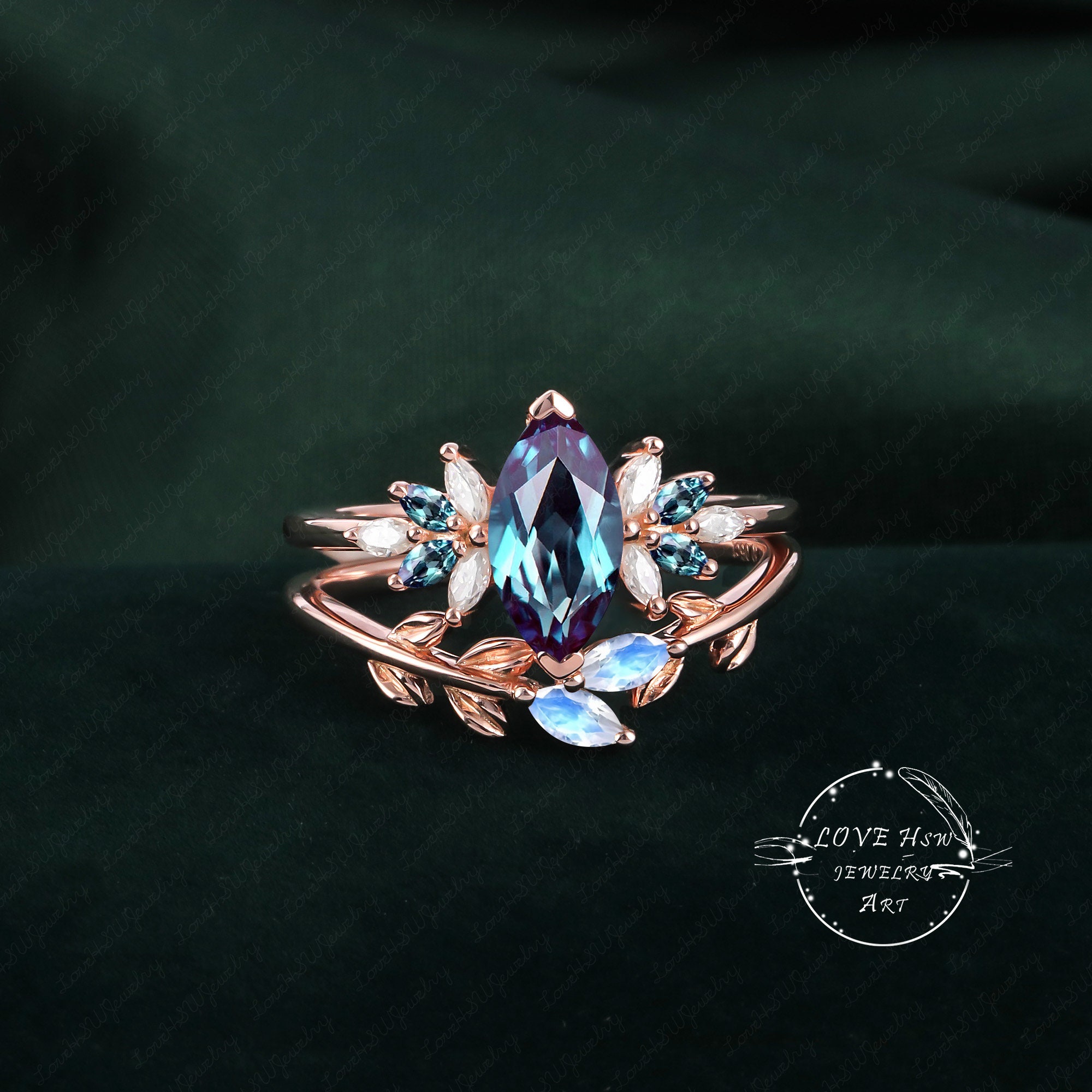 Vintage Alexandrite Engagement Ring Sets Rose Gold Unique Marquise Cut ...