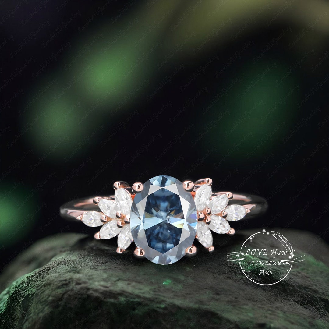 Blue Grey Moissanite Engagement Ring Oval Cut Unique Rose Gold Ring ...