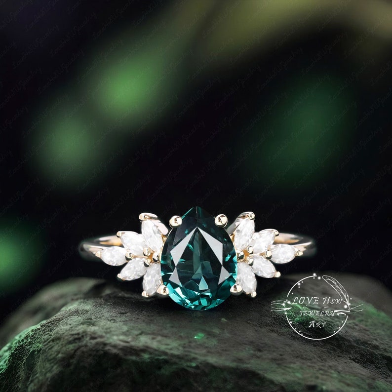 Pear Blue Green Sapphire Engagement Ring Vintage Unique Marquise Cut ...