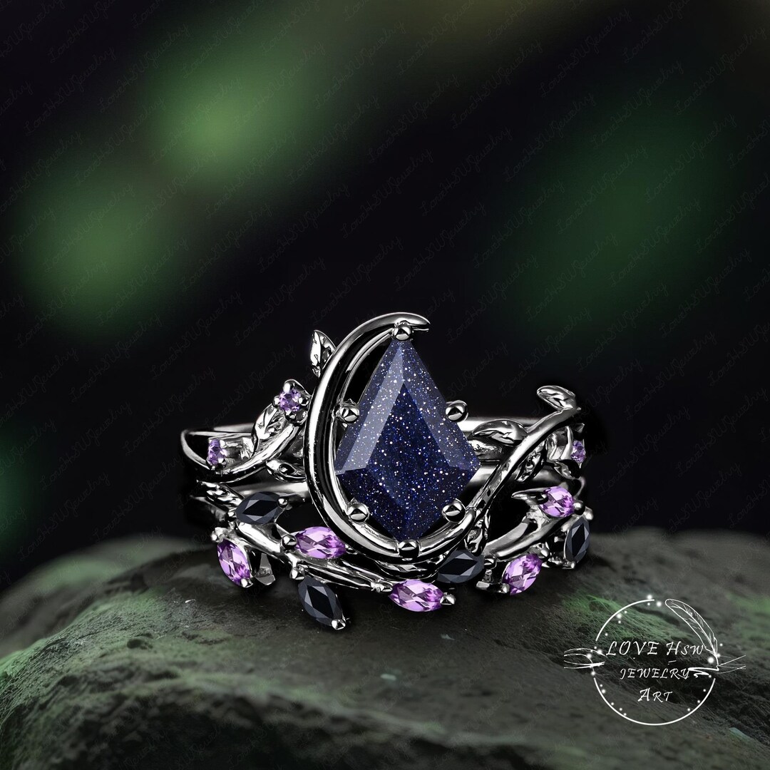 Vintage Gothic Kite Sandstone Engagement Ring Set Leaf Black Gold Women ...