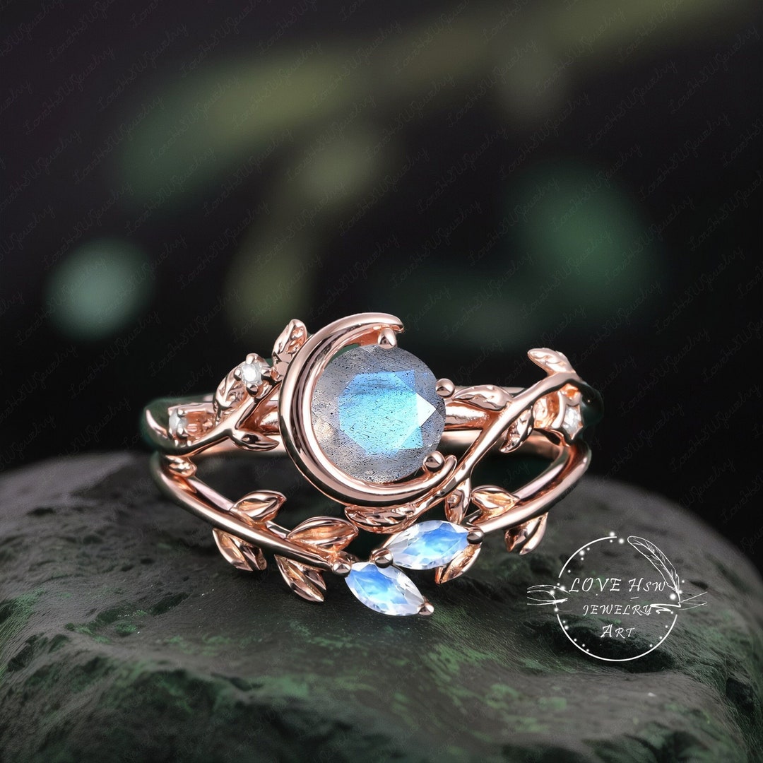 Vintage Labradorite Engagement Ring Set Nature Inspired Bridal Sets ...