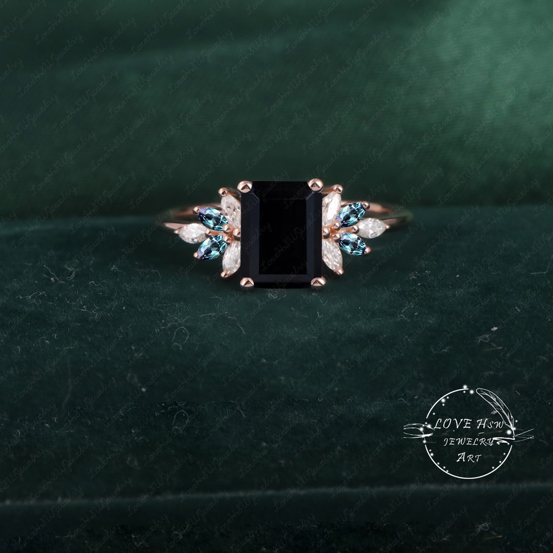 Vintage Emerald Cut Black Onyx Engagement Ring Women Rose Gold Unique ...