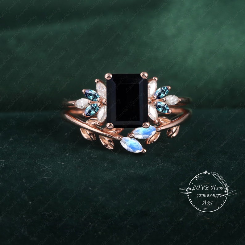 Vintage Emerald Cut Black Onyx Engagement Ring Sets Women Rose - Etsy