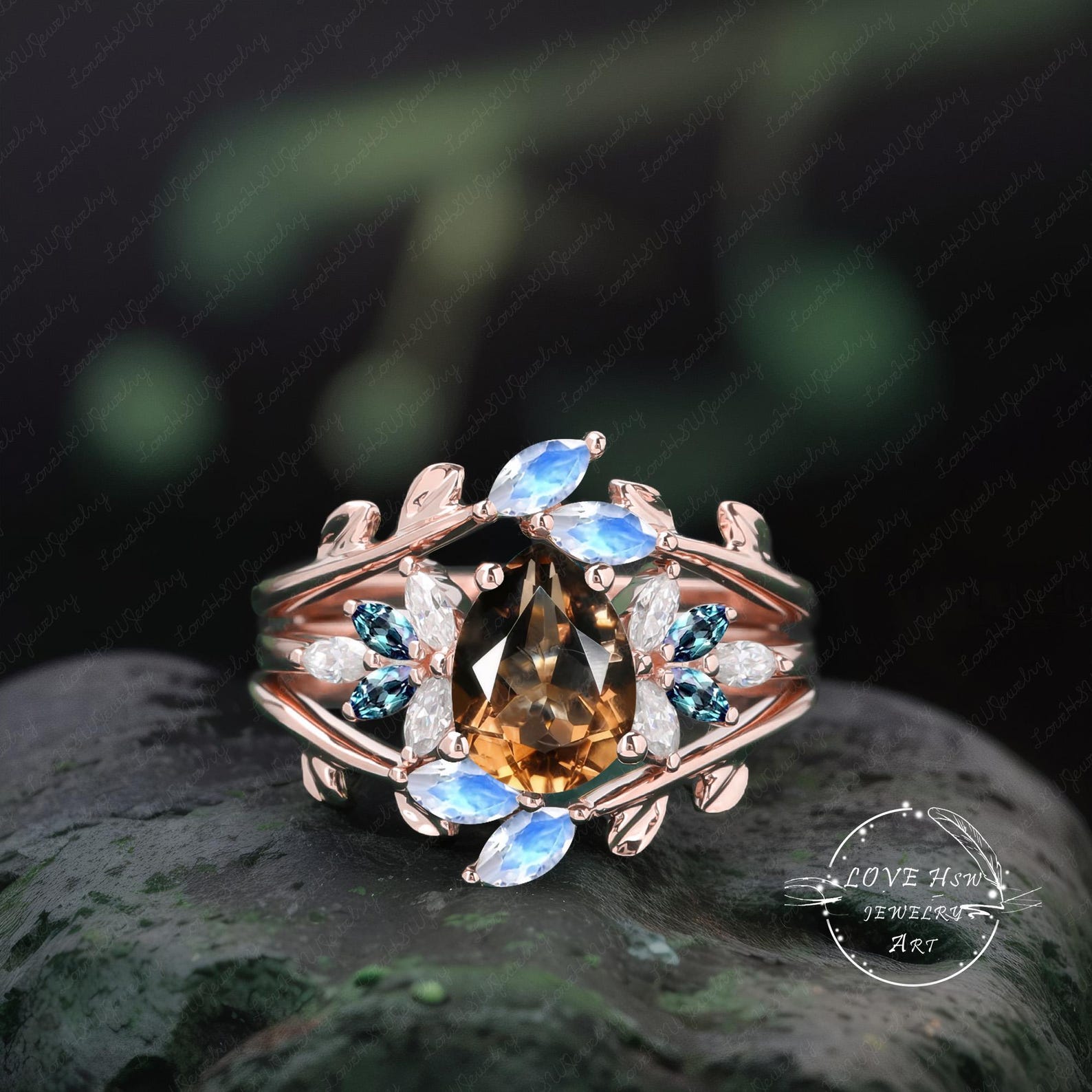 Vintage Smoky Quartz Engagement Ring Sets Women Rose Gold Wedding Ring ...