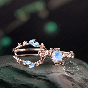 Vintage Natural Moonstone Engagement Ring Set Nature Inspired Bridal ...