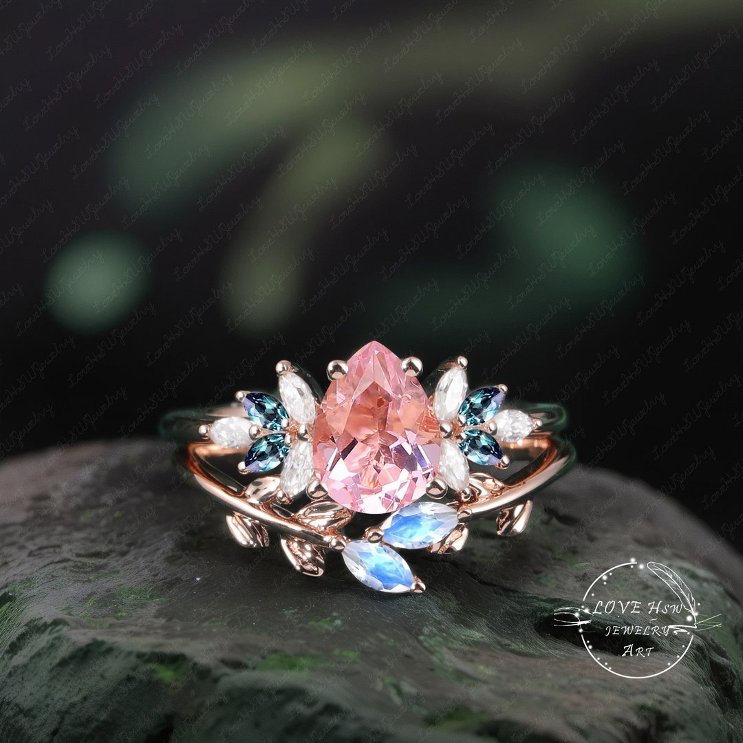 Vintage Pink Sapphire Engagement Ring Sets Women Promise Ring 14K Rose Gold Unique Pear Shaped ...