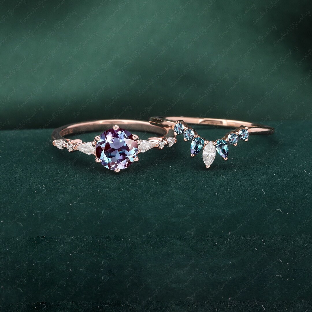 Vintage Alexandrite Wedding Ring Sets Round Cut Engagement Ring Rose ...
