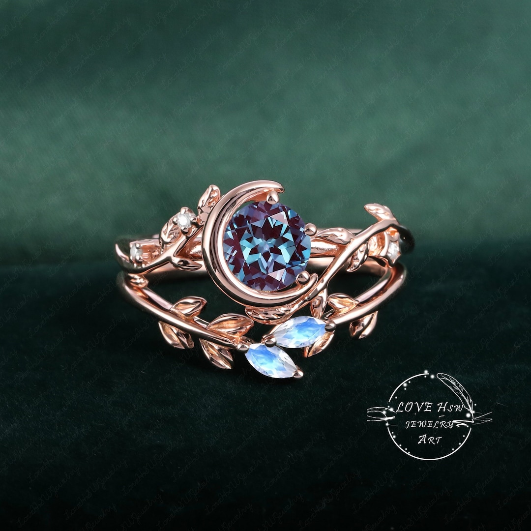 Vintage Alexandrite Engagement Ring Set Nature Inspired Bridal Sets ...