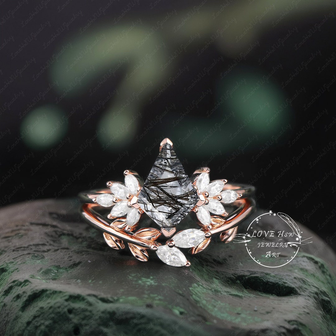 Black Rutilated Quartz Engagement Ring Set Vintage Rose Gold Unique ...