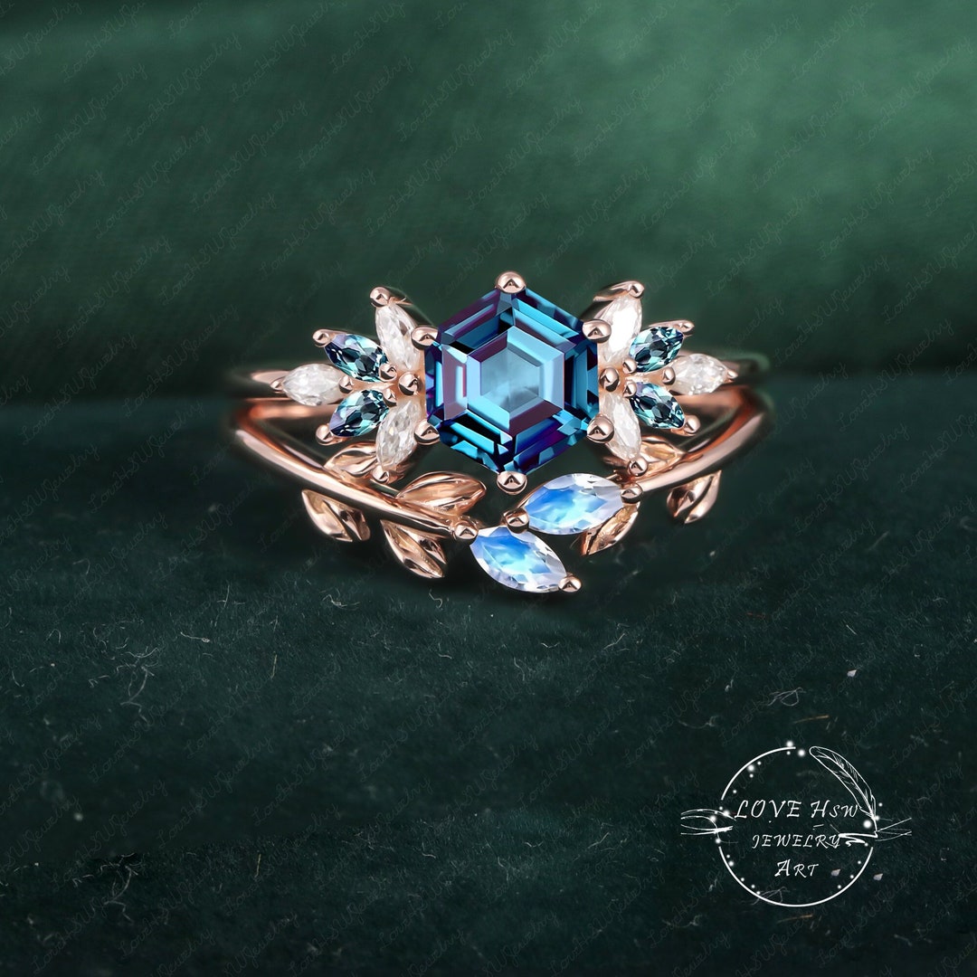 Vintage Hexagon Cut Alexandrite Engagement Ring Set Rose Gold Unique ...