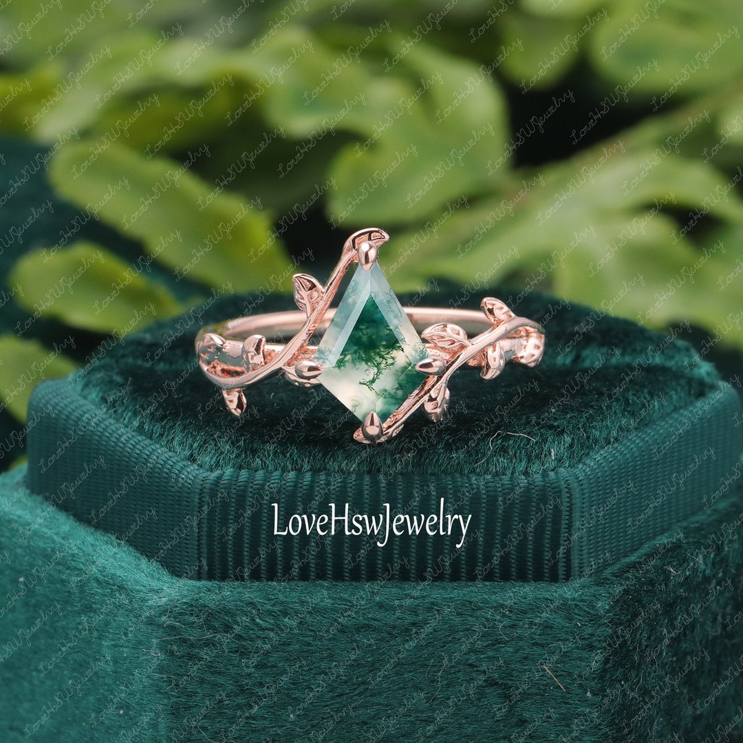 Kite Cut Moss Agate Engagement Ring Rose Gold Vintage Leaf Ring Unique Branch Wedding Bridal ...
