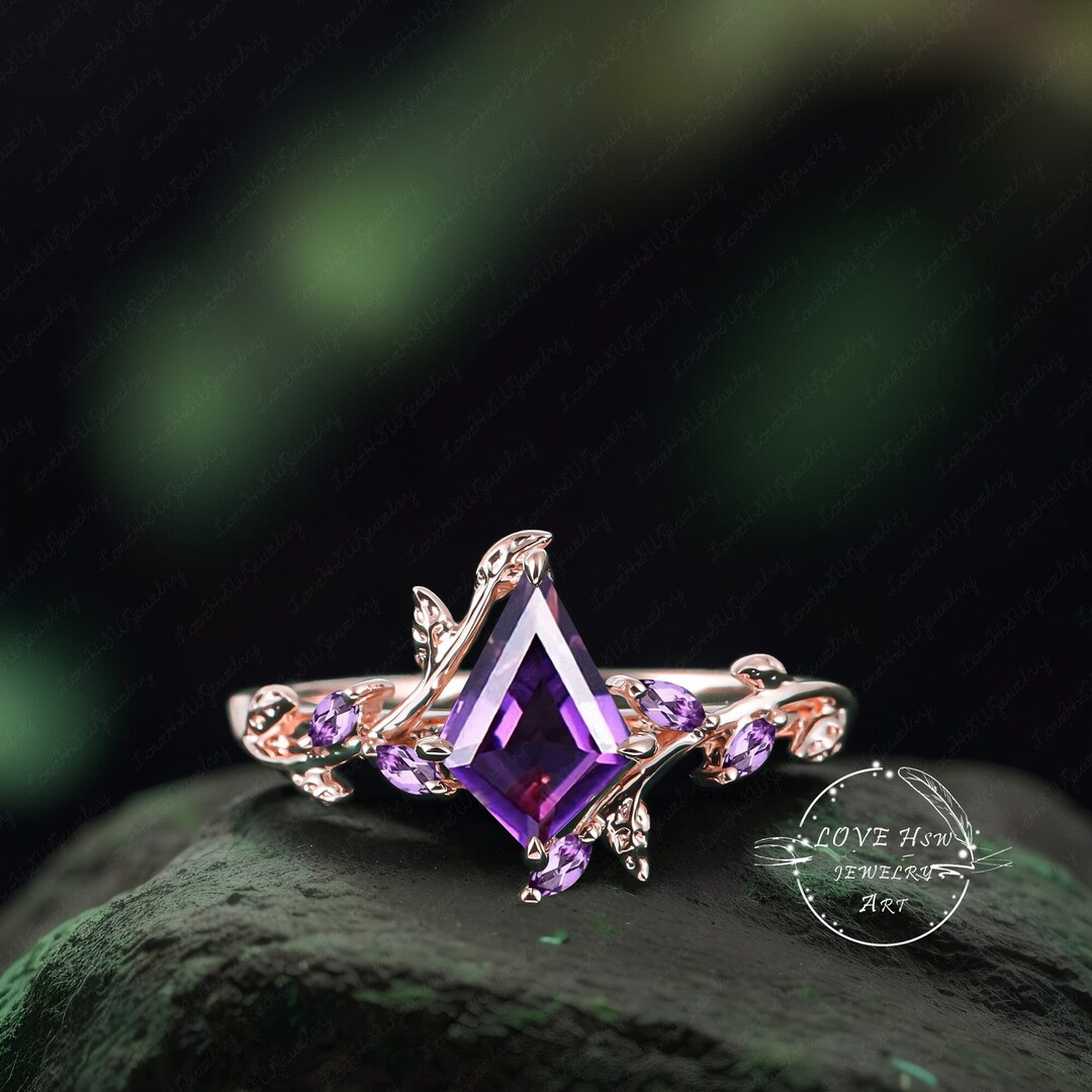 Vintage Kite Cut Amethyst Engagement Ring Rose Gold Leaf Ring Unique ...