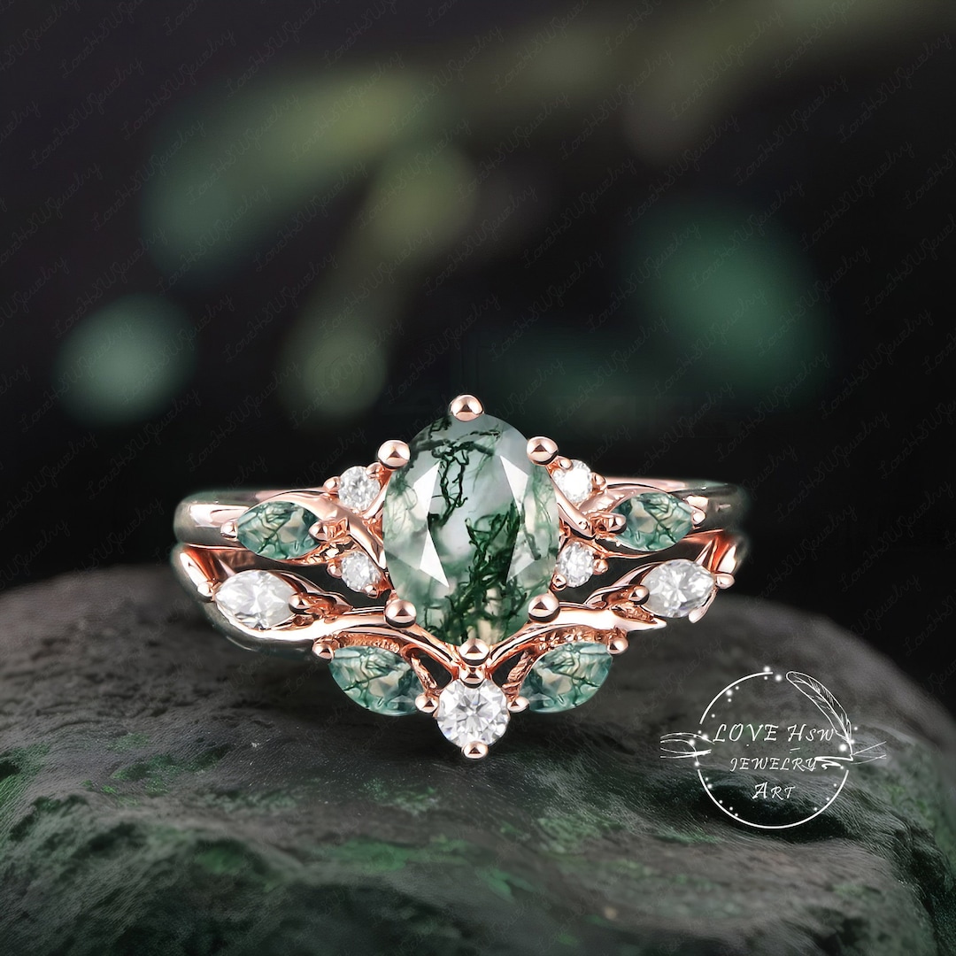 Vintage Oval Moss Agate Engagement Ring Set Bridal Sets Women Rose Gold ...