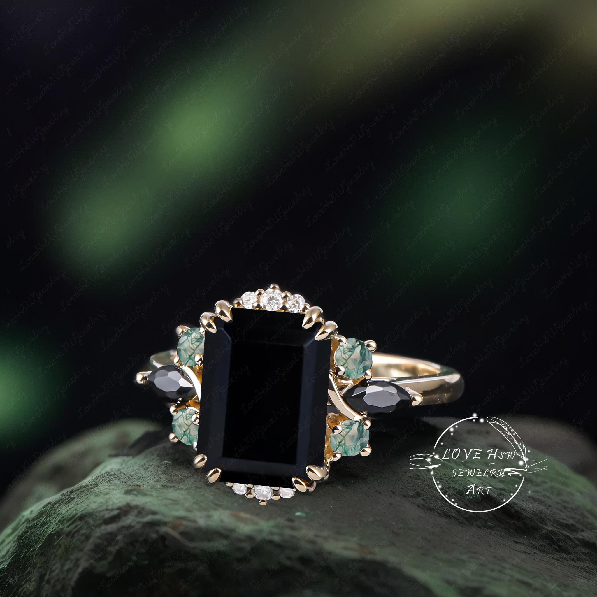 Natural 4ct Black Onyx Engagement Ring Unique Statement Ring Emerald ...