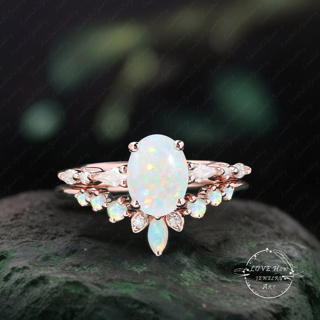 Vintage Natural Opal Wedding Ring Sets Oval Cut Engagement Ring Unique Rose Gold Cluster