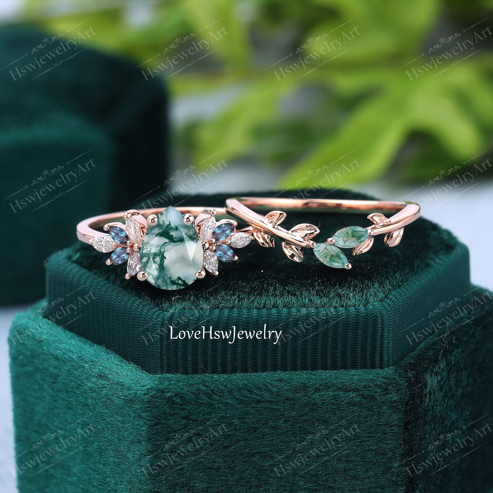 Vintage Moss Agate Engagement Ring Set Women Rose Gold Pear - Etsy