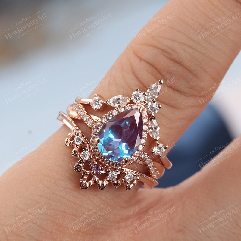 3PCS Alexandrite Engagement Ring Sets Pear shape 2CT Leaf | Etsy