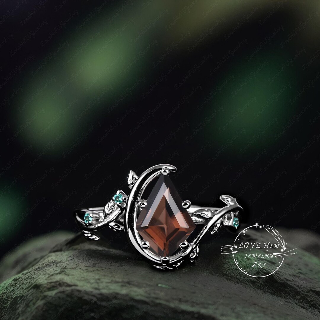 Gothic Vintage Kite Smoky Quartz Engagement Ring Leaf Black Gold Women ...