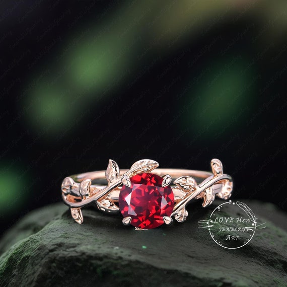 Vintage Ruby Engagement Ring Leaf Flower Ring Alternative Ring Rose Gold Ring Art Deco Promise Ring Prong Set Unique Anniversary Ring Etsy