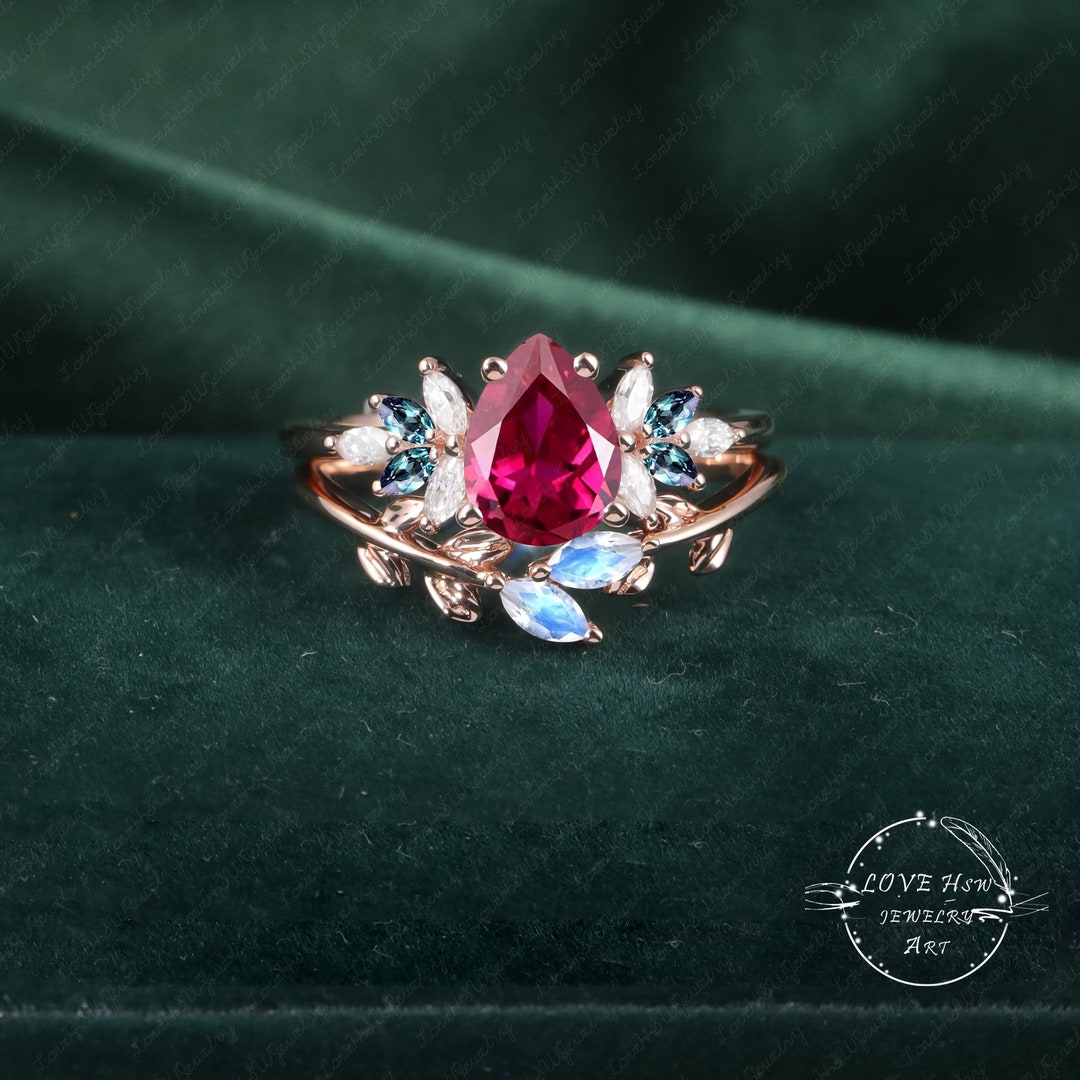 Vintage Ruby Engagement Ring Women Yellow Gold Unique Pear - Etsy