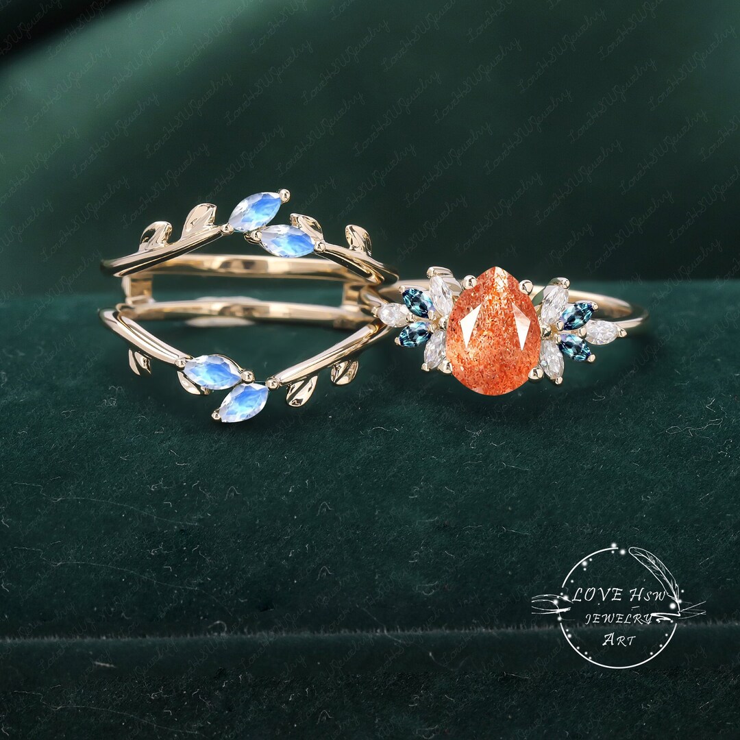 Vintage Sunstone Engagement Ring Sets Women Yellow Gold Unique - Etsy