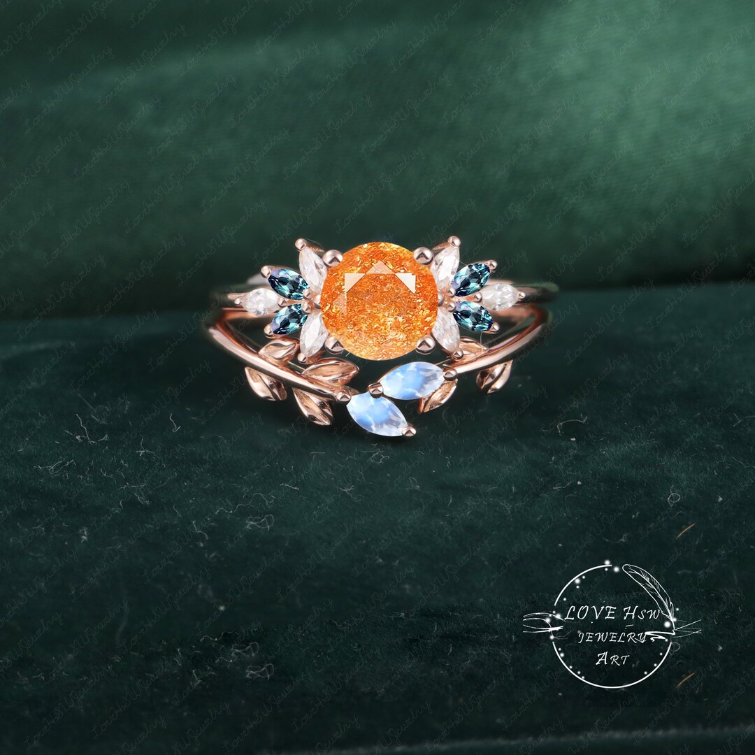 Vintage Sunstone Engagement Ring Set Women Rose Gold Unique Round Cut ...