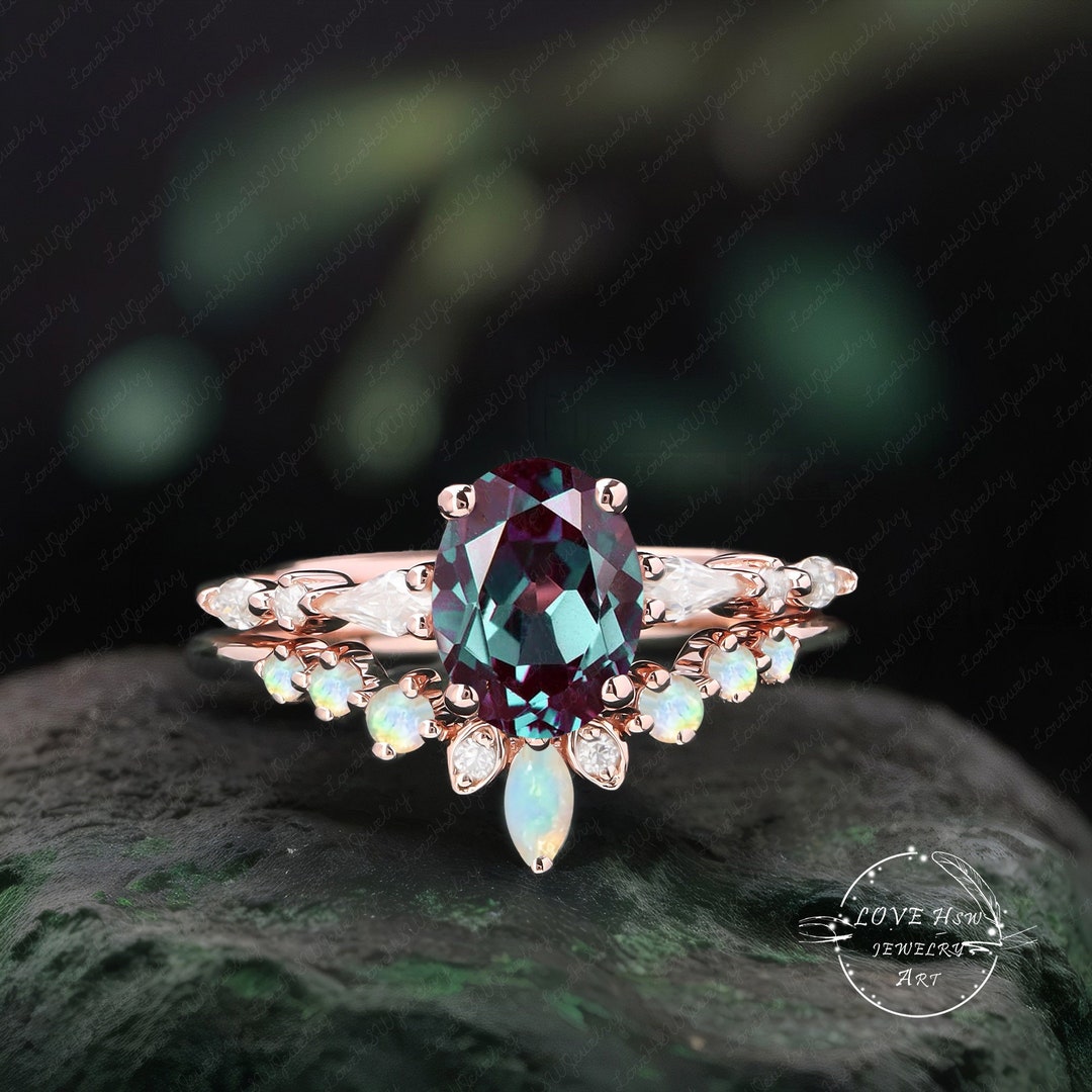 Vintage Alexandrite Wedding Ring Sets Oval Cut Engagement Ring Unique ...