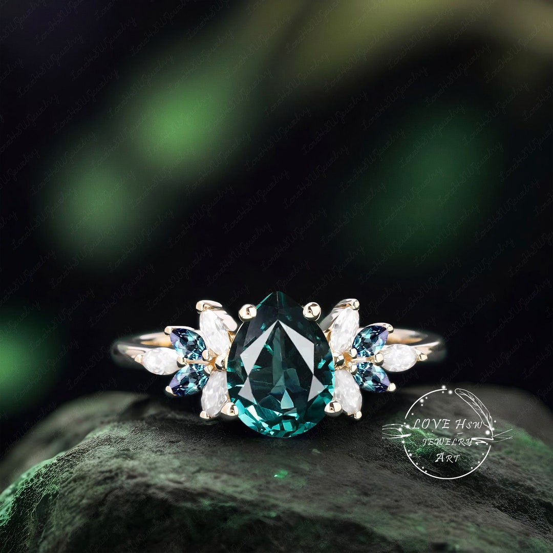 Vintage Teal Sapphire Engagement Ring Women Rose Gold Unique Pear ...