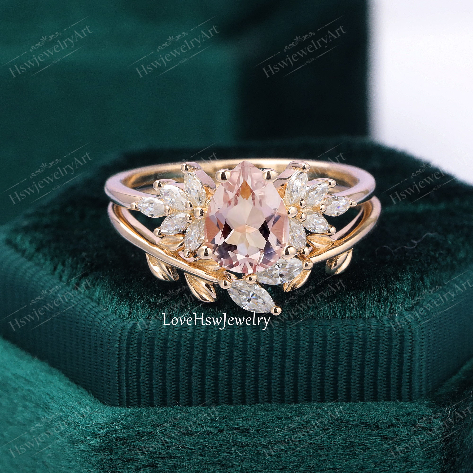 Vintage Pear Shape Morganite Engagement Ring Set Unique | Etsy