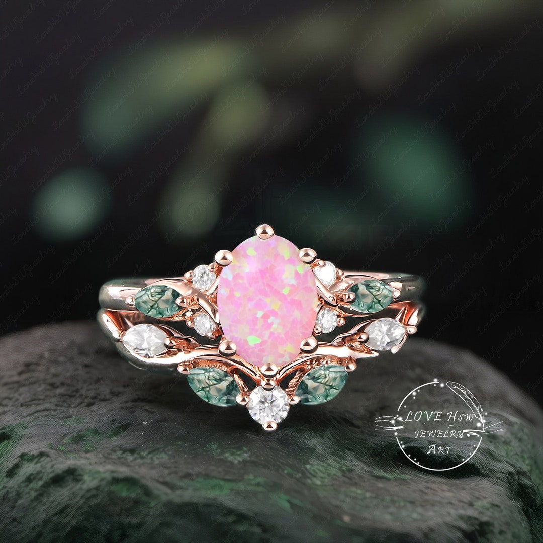 Vintage Oval Pink Opal Engagement Ring Sets Bridal Sets Rose Gold ...