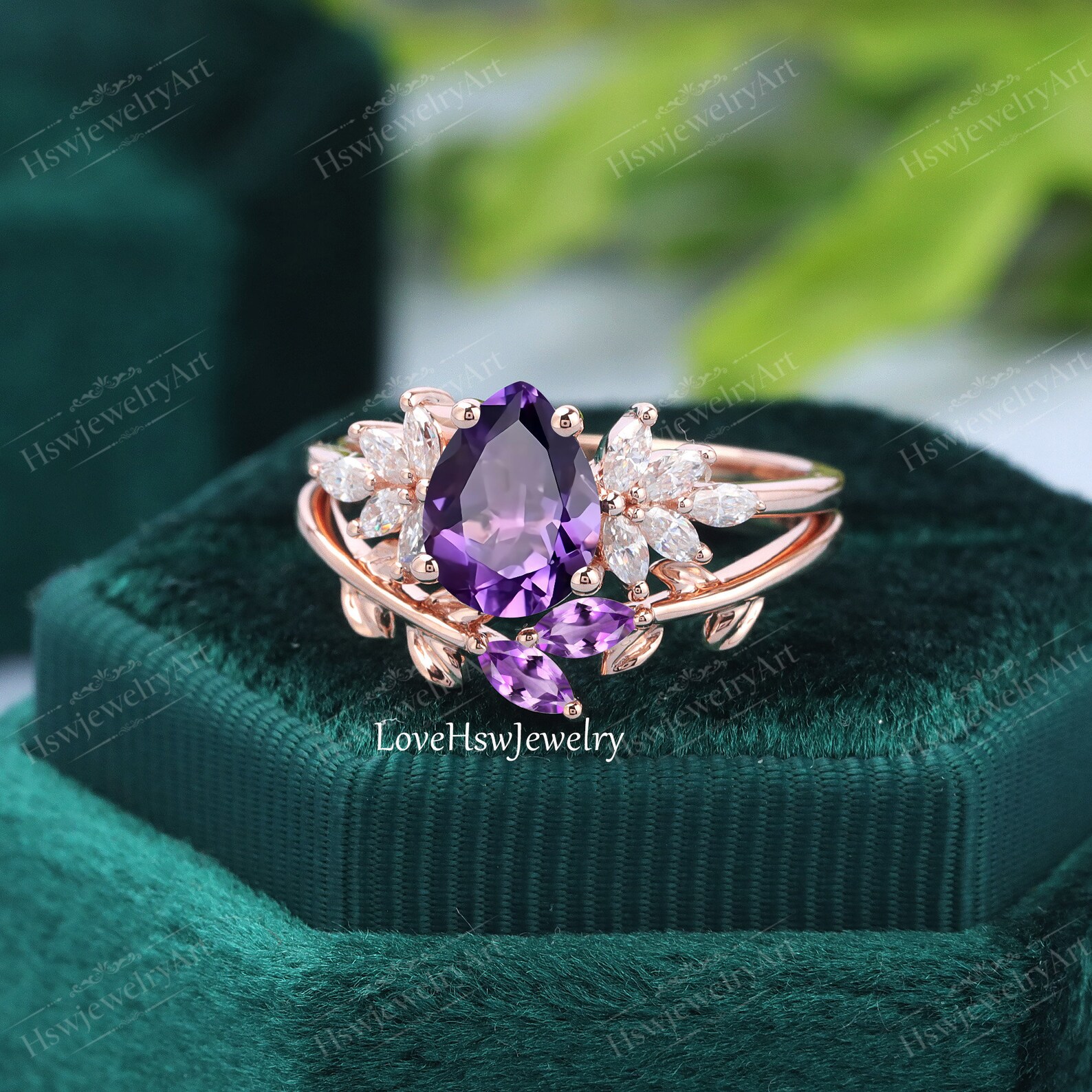 Amethyst Engagement Ring Set Vintage Rose Gold Unique Pear - Etsy