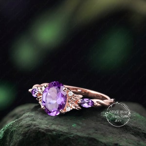 Vintage Oval Amethyst Engagement Ring Set Bridal Sets Leaf Rose Gold ...