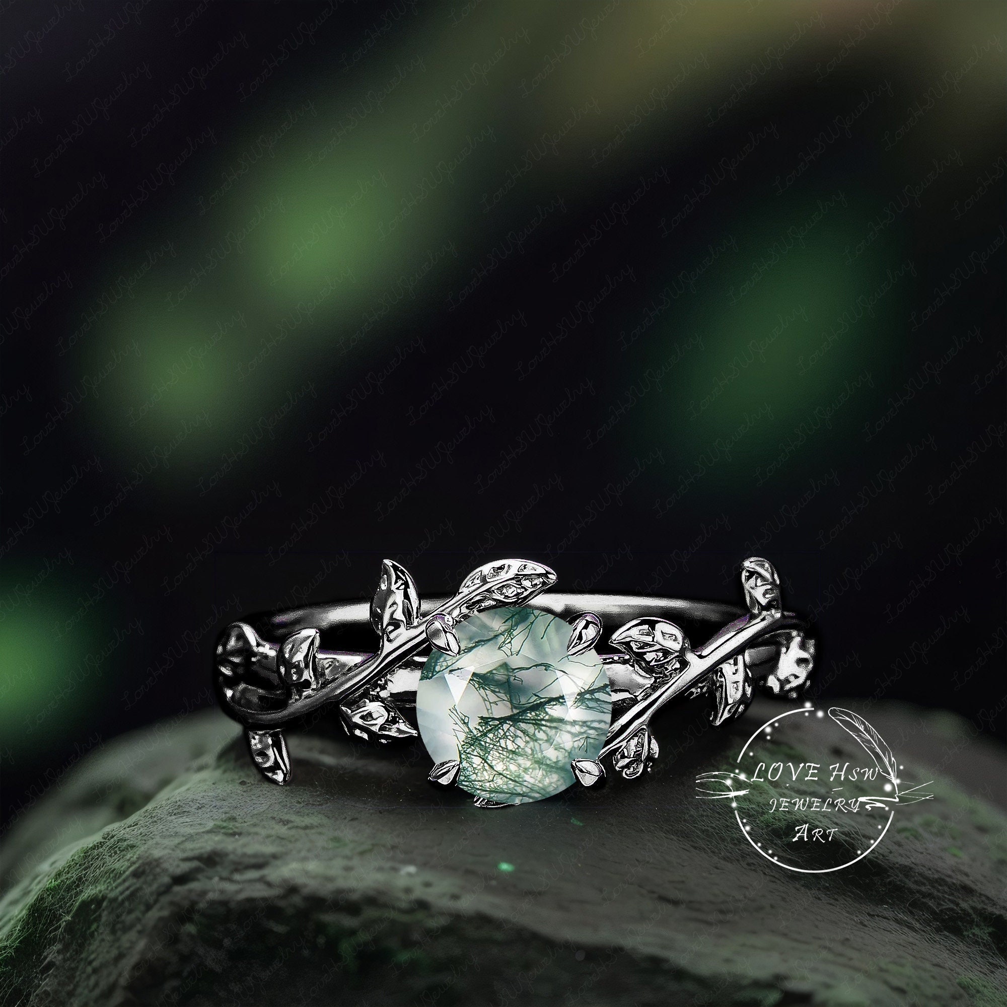 Gothic Moss Agate Engagement Ring Leaf Vintage Black Gold Wedding Ring ...