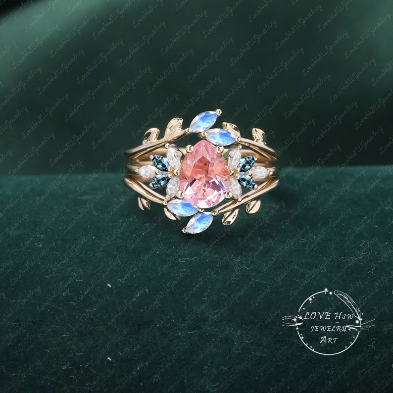 Vintage Pink Sapphire Engagement Ring Sets Statement Ring - Etsy