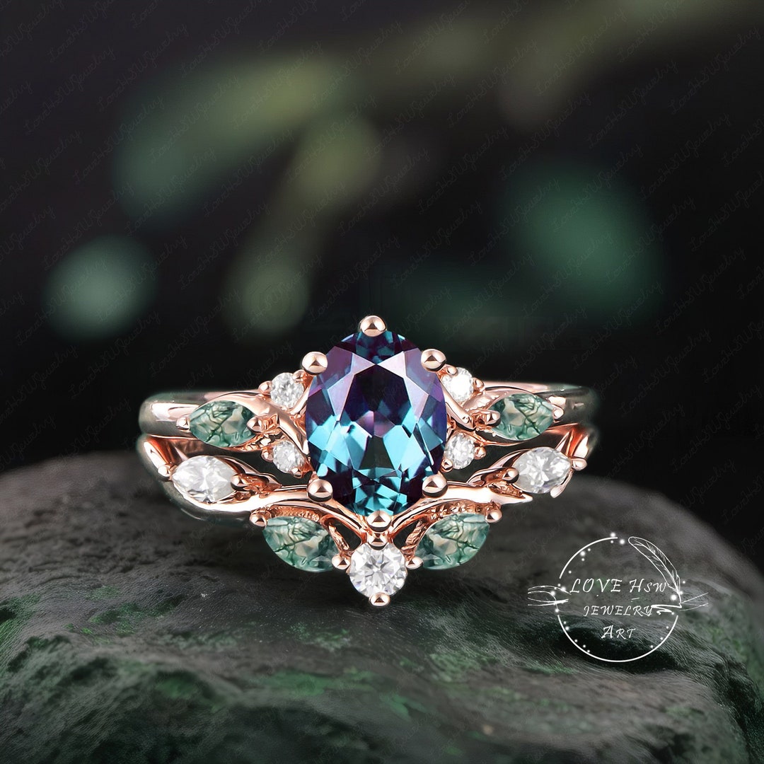 Vintage Oval Alexandrite Engagement Ring Set Bridal Sets Women Rose ...
