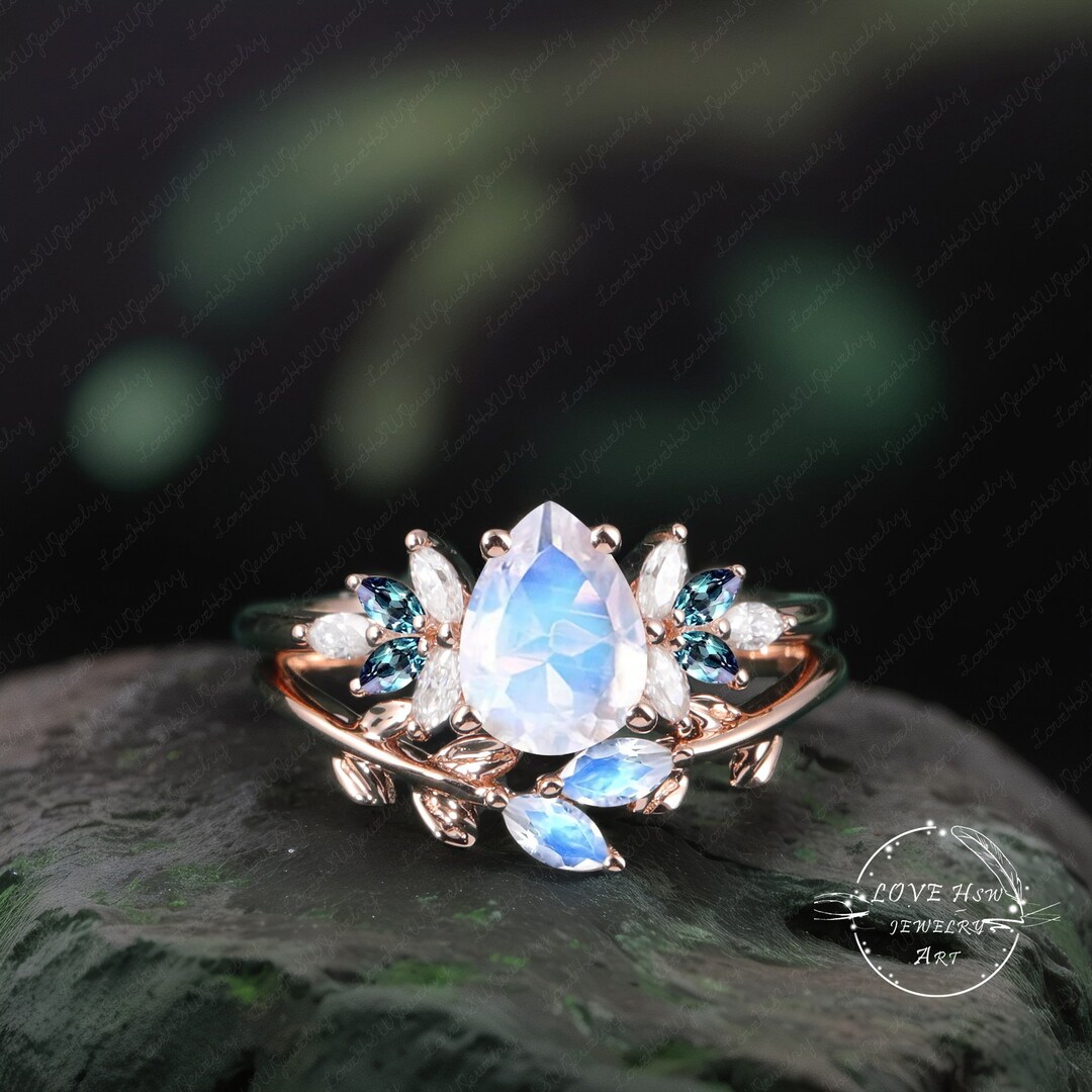 Vintage Moonstone Engagement Ring Sets Women Rose Gold Unique Pear ...