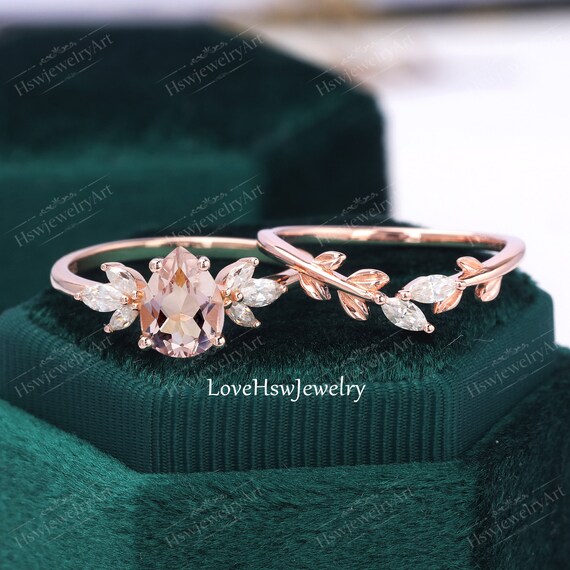 Pear Shape Morganite Engagement Ring Set Vintage Unique - Etsy