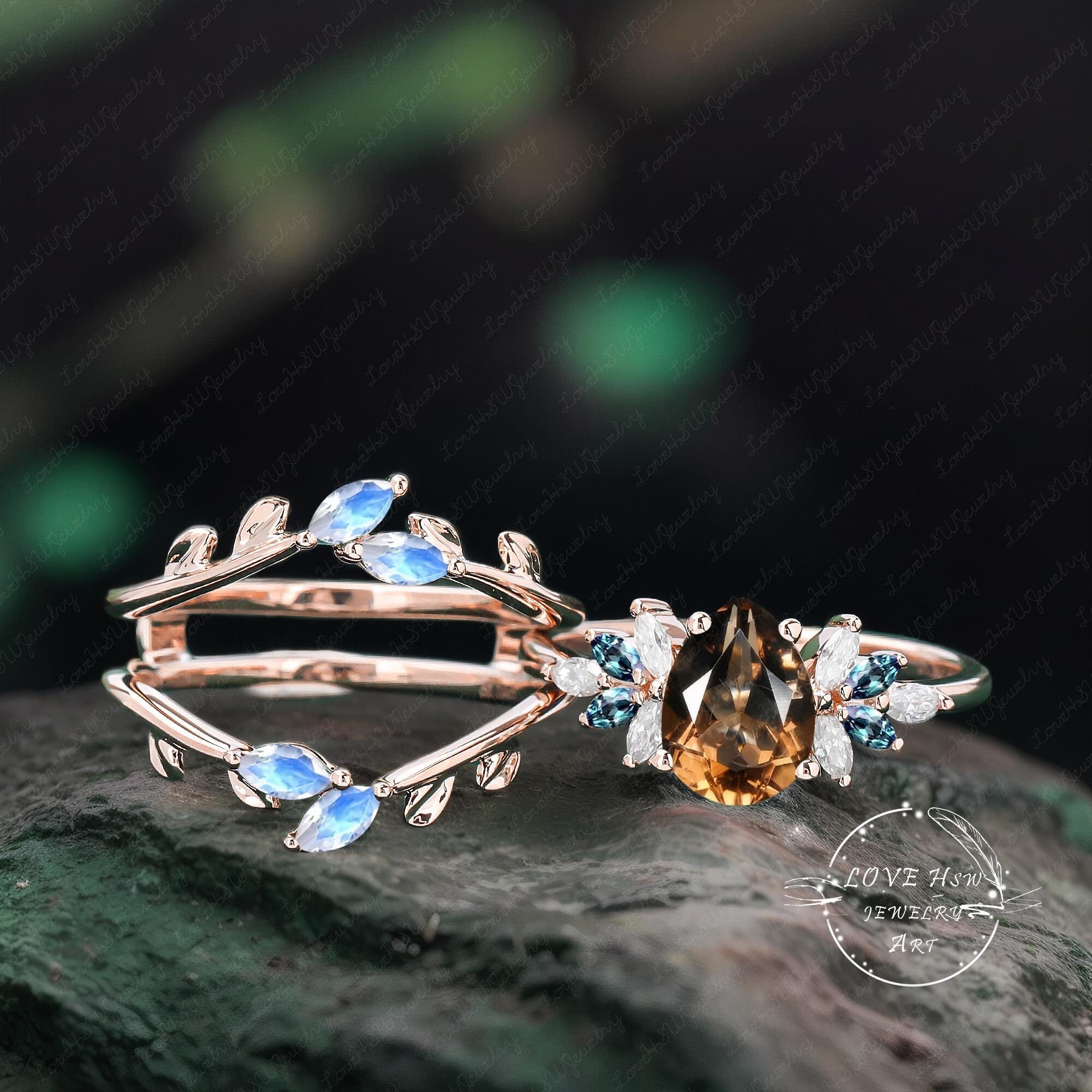 Vintage Smoky Quartz Engagement Ring Sets Women Rose Gold Wedding Ring ...