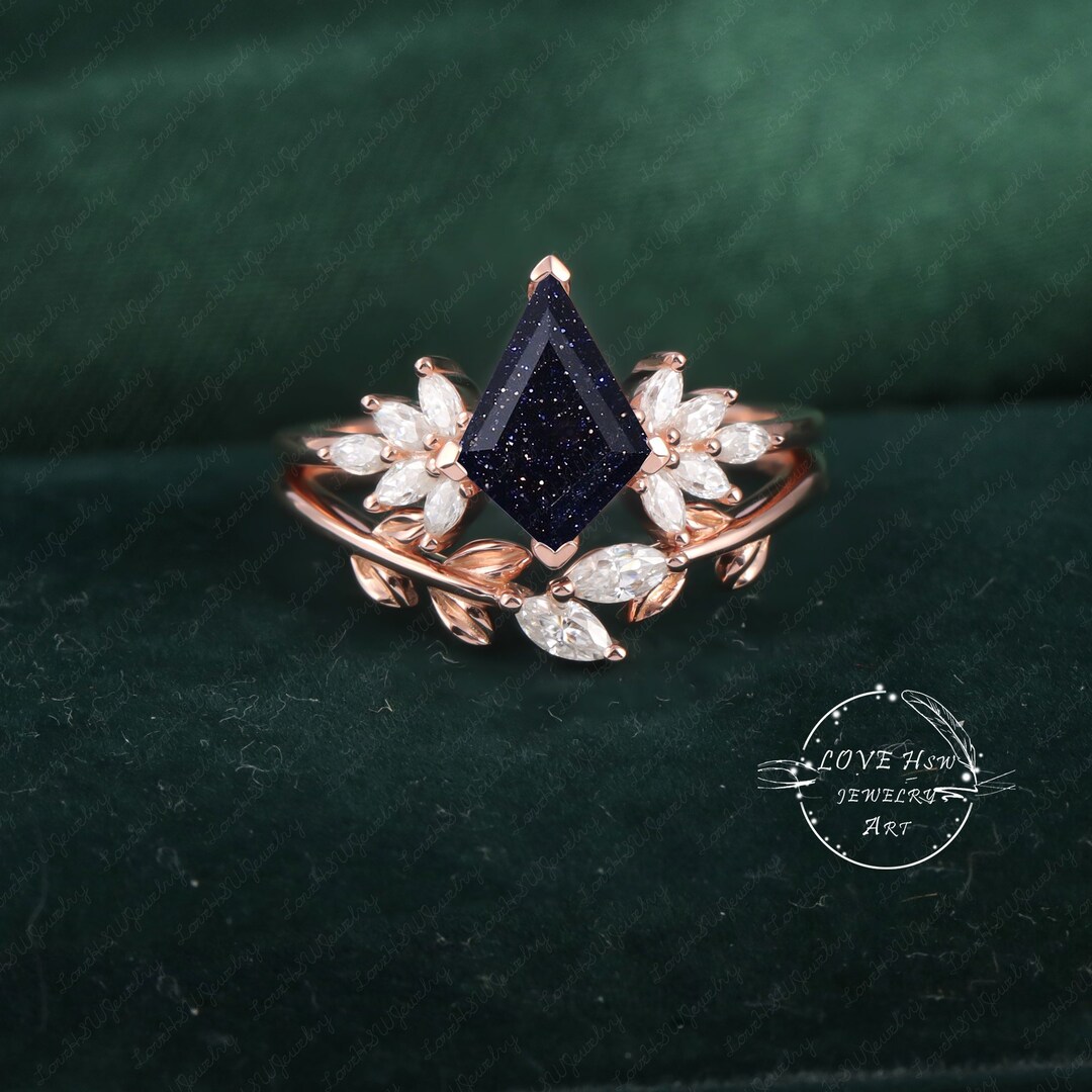 Blue Sandstone Engagement Ring Sets Vintage Rose Gold Unique - Etsy