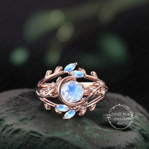 Vintage Natural Moonstone Engagement Ring Set Nature Inspired Bridal ...