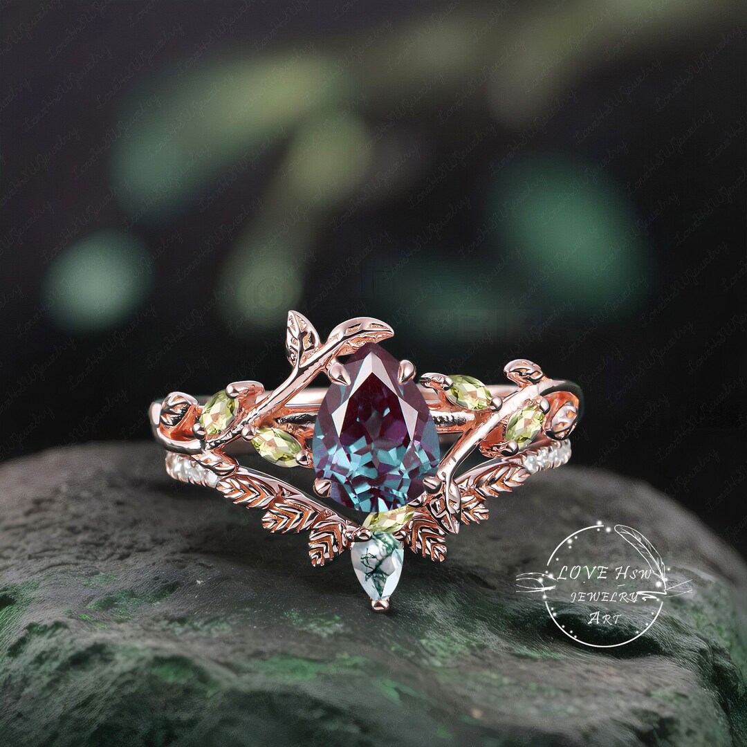 Art Deco Pear Alexandrite Engagement Ring Bridal Sets Rose Gold Unique ...
