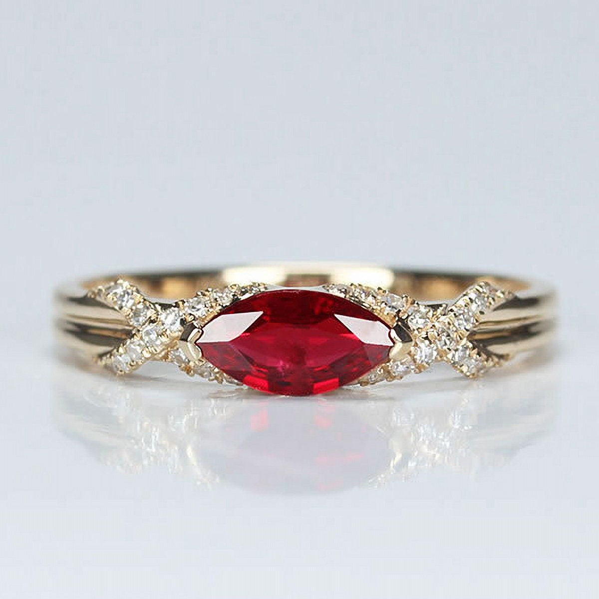 Unique Solitaire Marquise Cut Ruby Diamond Engagement Ring Ruby 14K ...