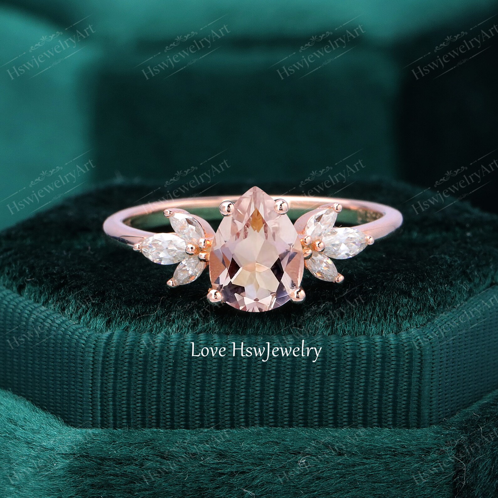 Pear Shape Morganite Engagement Ring Set Vintage Unique - Etsy