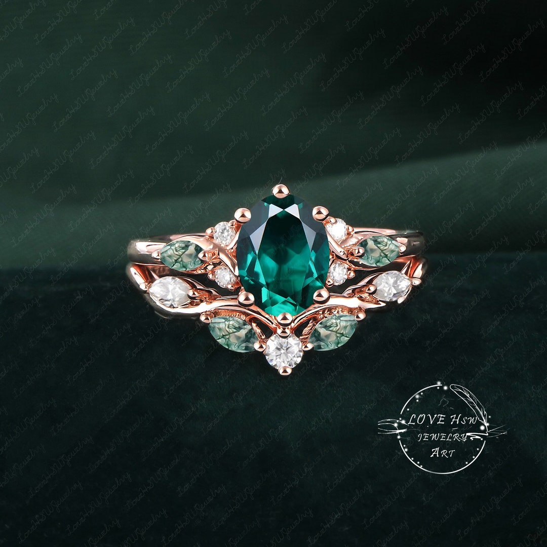 Vintage Oval Emerald Engagement Ring Set Bridal Sets Women Rose Gold ...