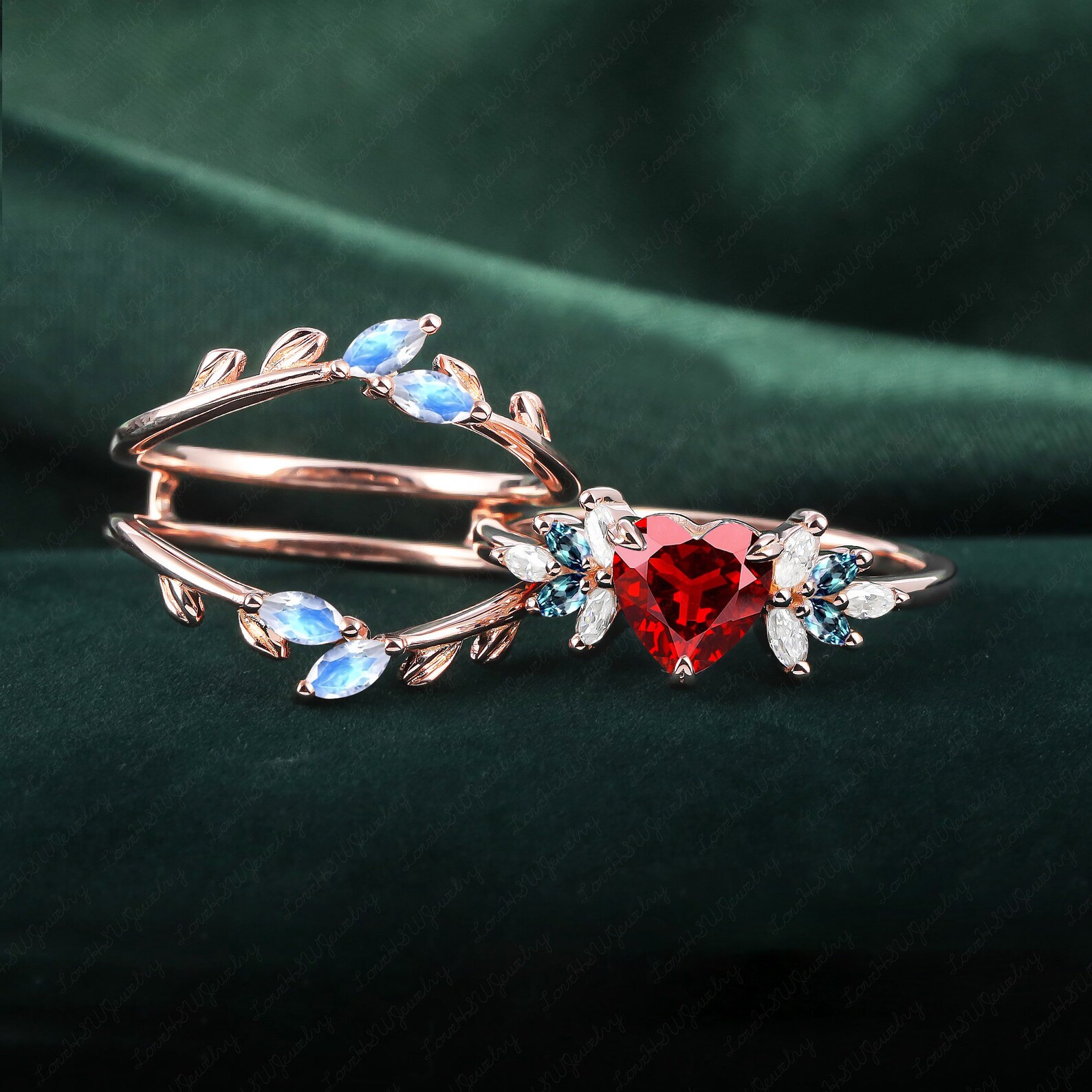 Vintage Ruby Engagement Ring Sets Women Rose Gold Unique Heart Shaped ...
