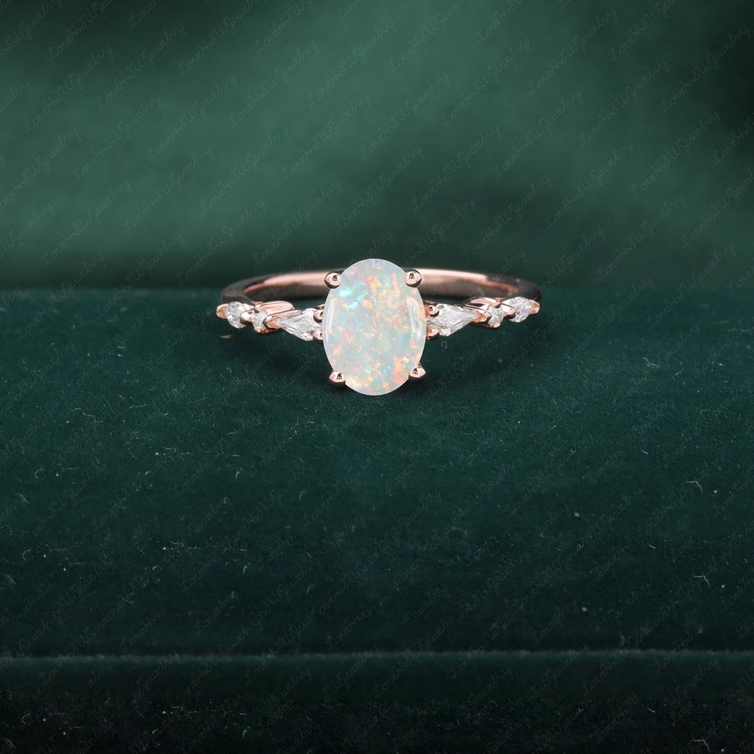 Vintage Natural Opal Wedding Ring Oval Cut Engagement Ring Unique Rose Gold Cluster Marquise Cut ...