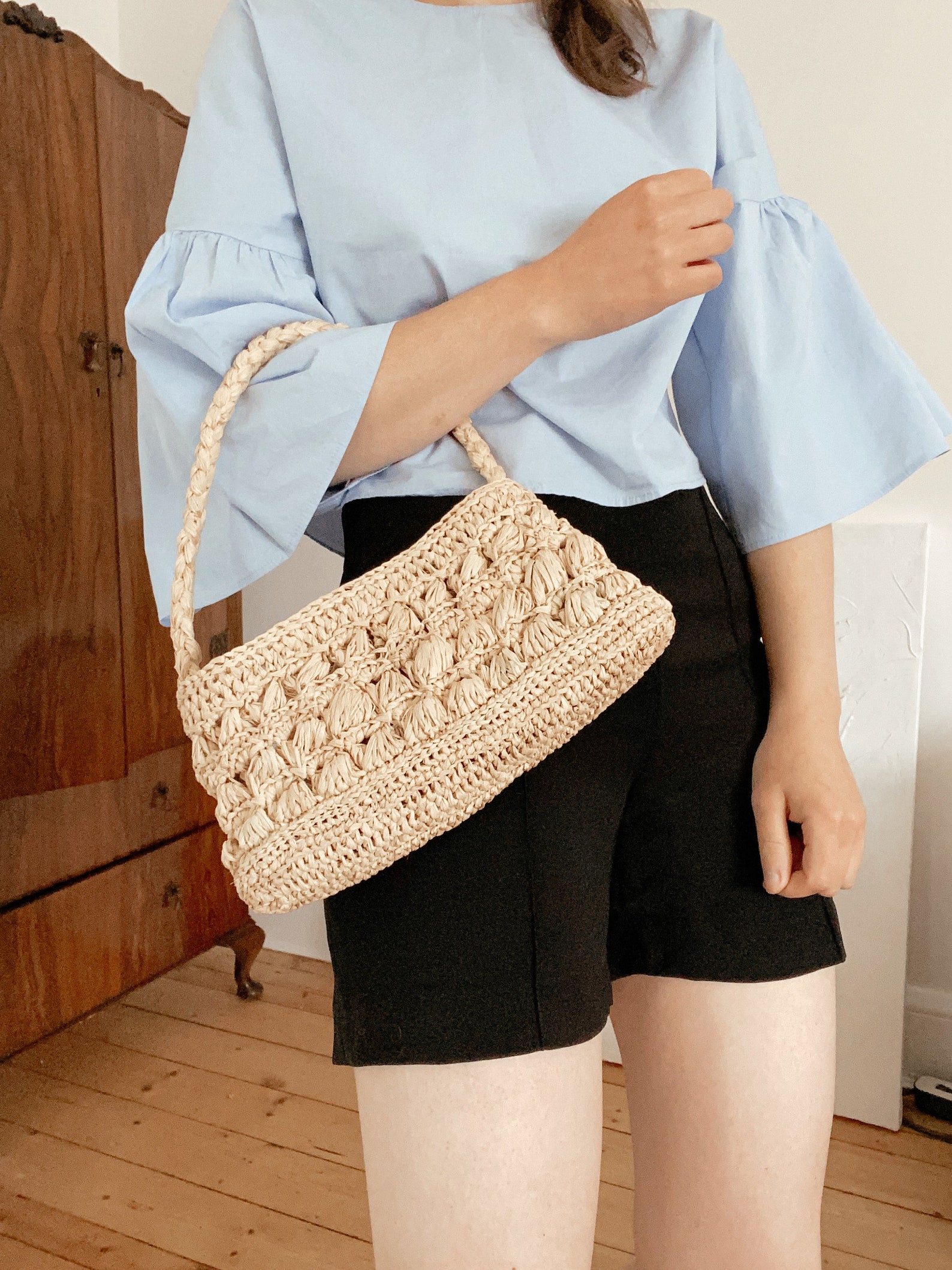 ISABELLE Parisian Crochet Raffia Basket Bag Straw Bucket - Etsy